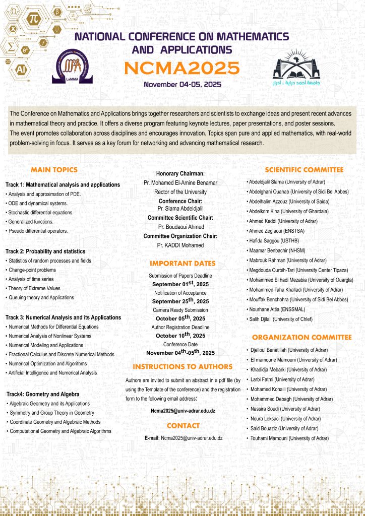 NATIONAL CONFERENCE ON MATHEMATICS AND APPLICATIONS NCMA2025 November 04-05 -2025 | Faculté des ...
